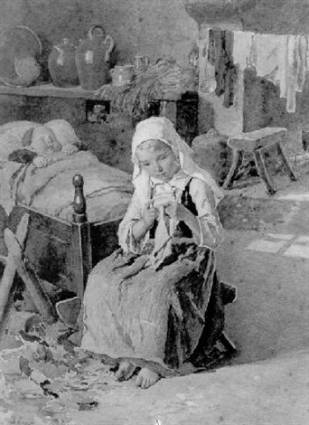 Young girl embroidering near a cradle - Jules Trayer - WikiArt.org