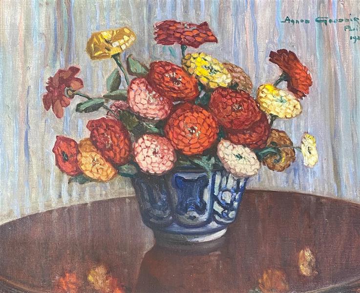 Zinnias in a Grey Vase, 1925 - Agnes Goodsir - WikiArt.org