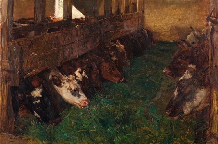 Young Cattle Enjoy Green Fodder in the Barn, 1882 - Otto Bache ...